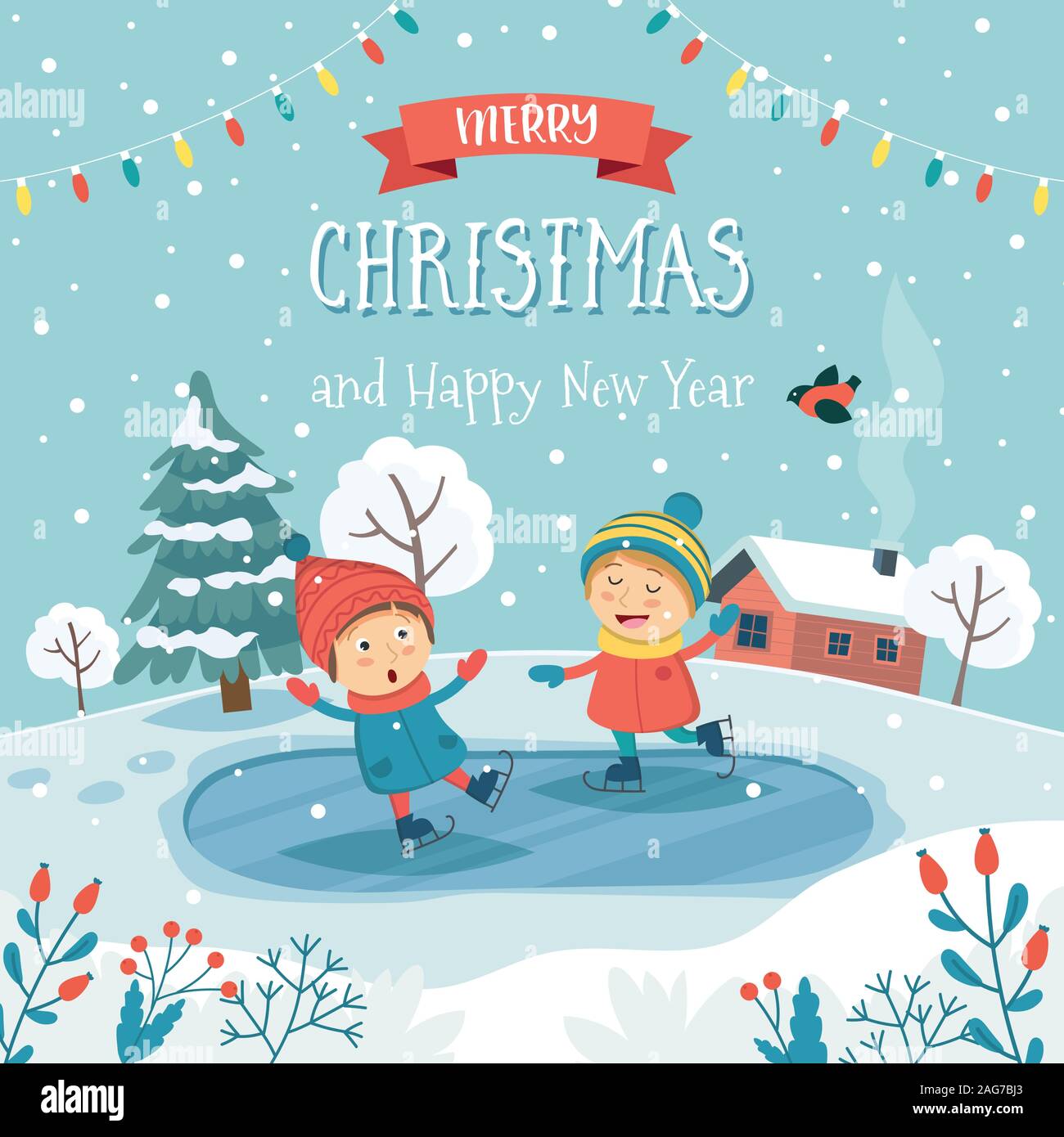 Merry christmas greeting card with children ice skating and text. Cute ...