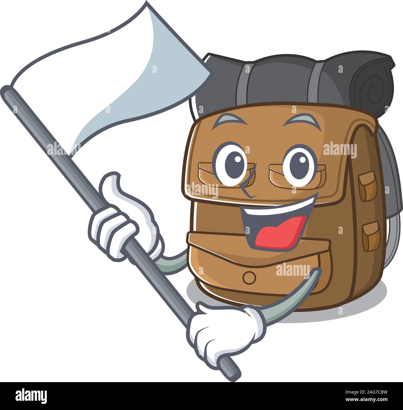 cute hiking backpack Scroll cartoon character style with standing flag ...