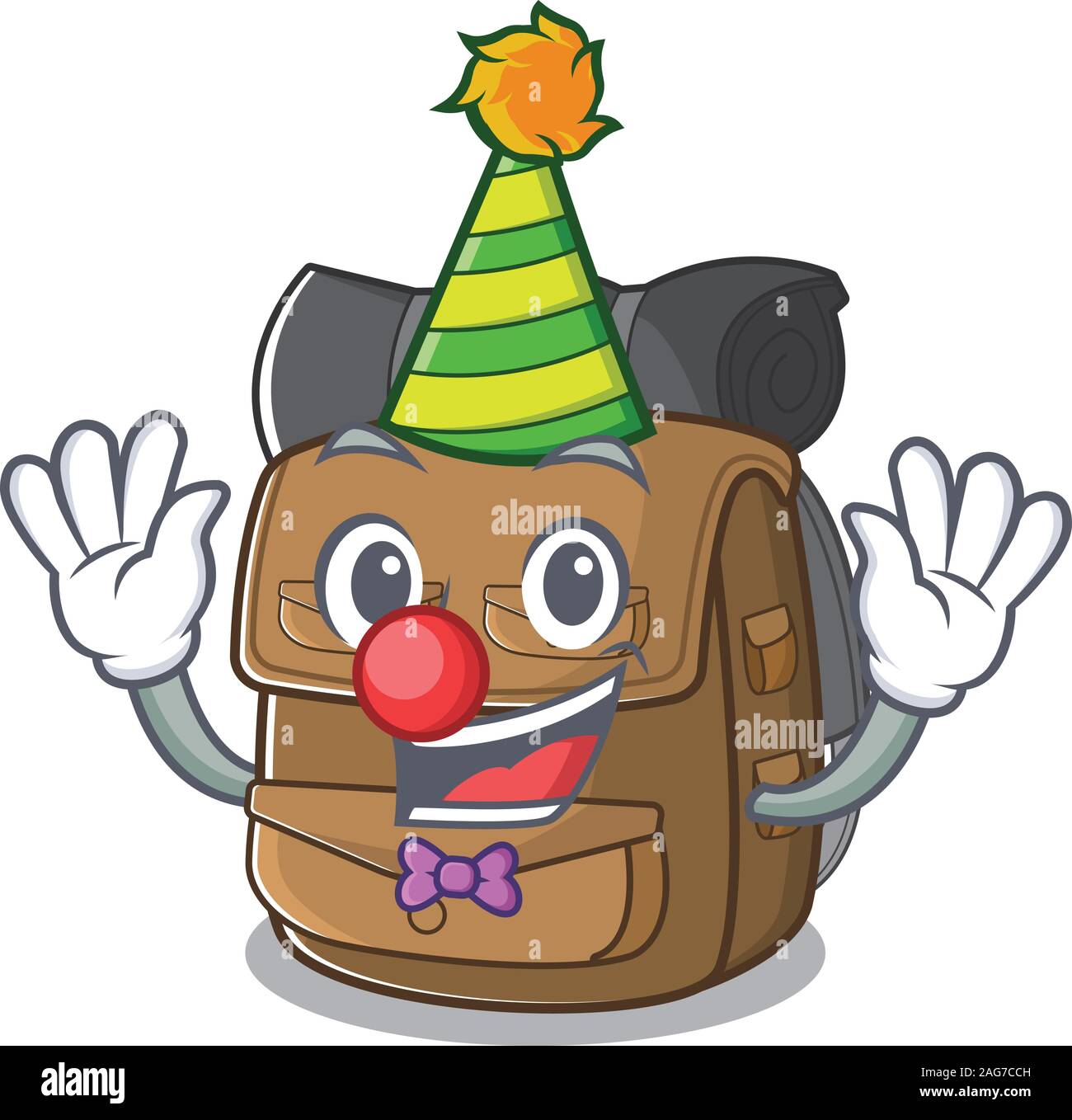 Cute and Funny Clown hiking backpack Scroll cartoon character mascot ...