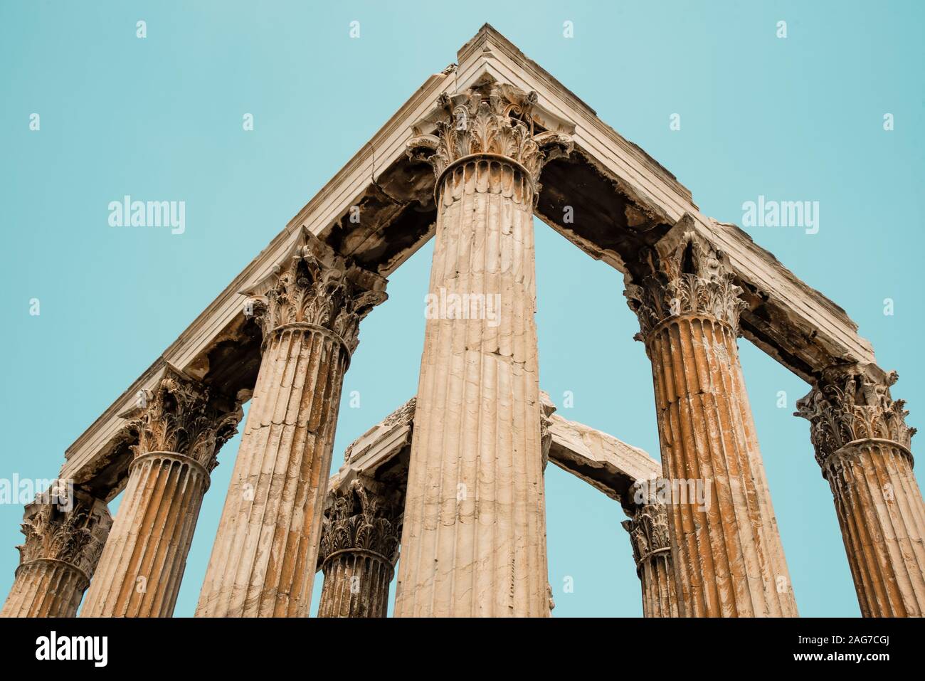 Low angle shot of the columns of the Acropolis Pantheon in Athens ...