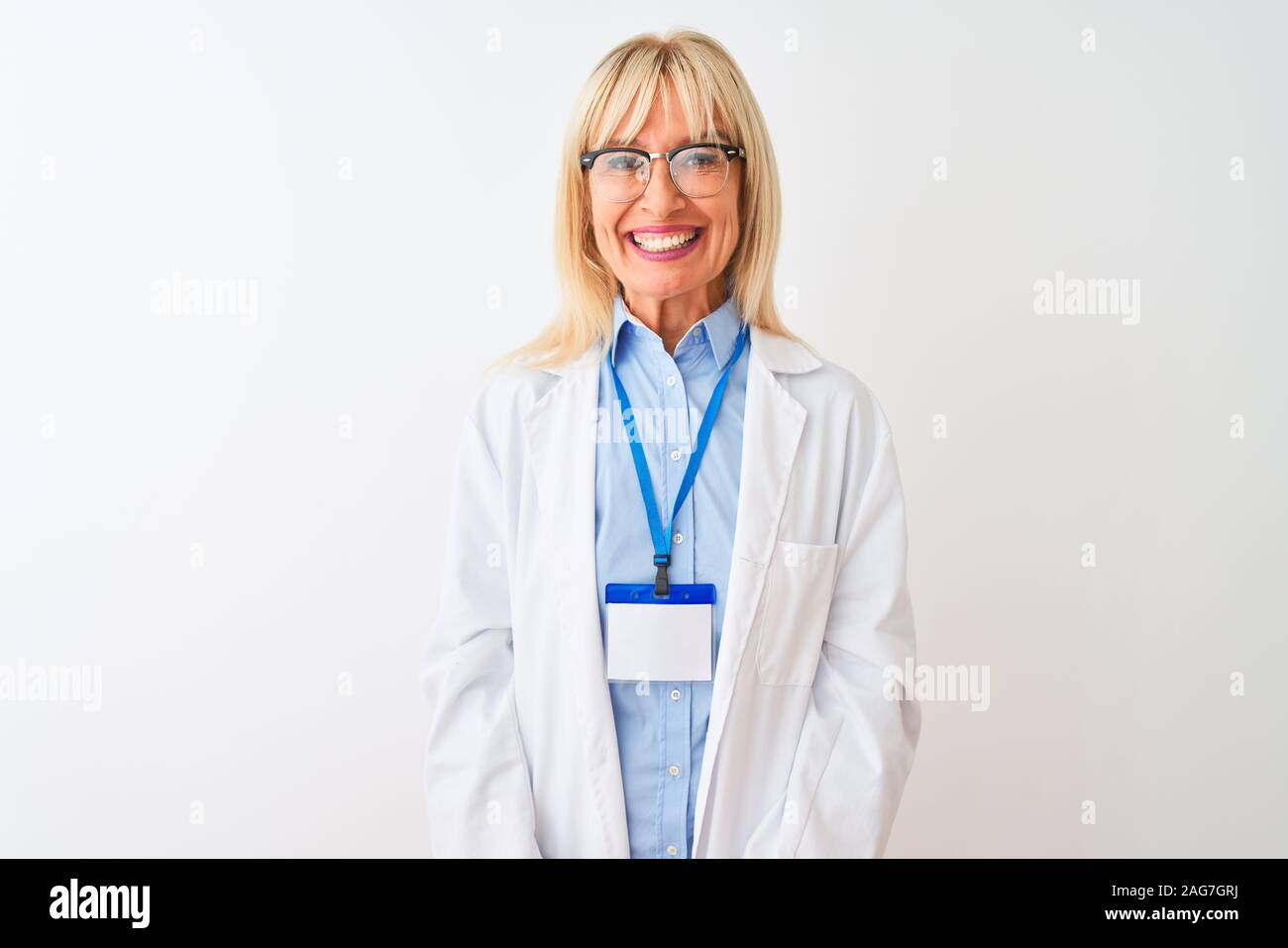 Middle age scientist woman wearing glasses and id card over isolated ...
