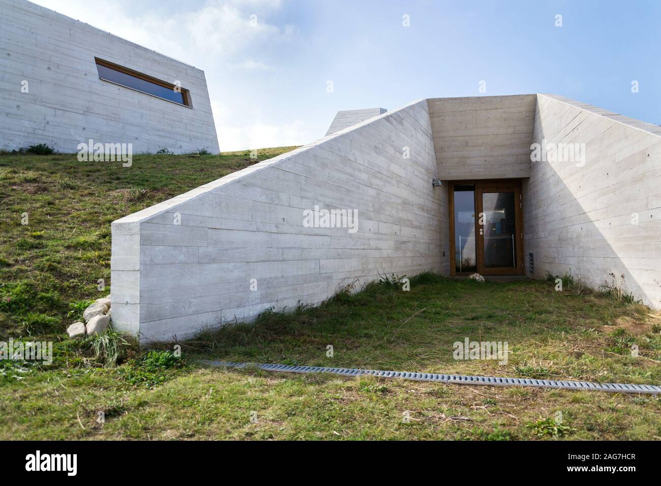 Concrete parts of Pavlov Archaeological park building on banks of Nove ...