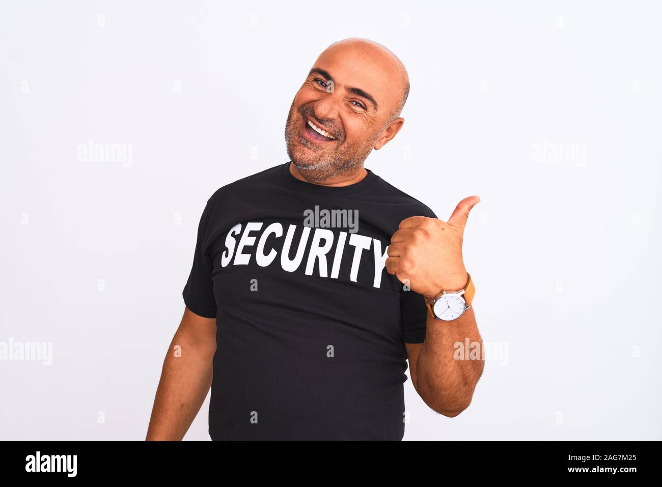 Middle age safeguard man wearing security uniform standing over ...