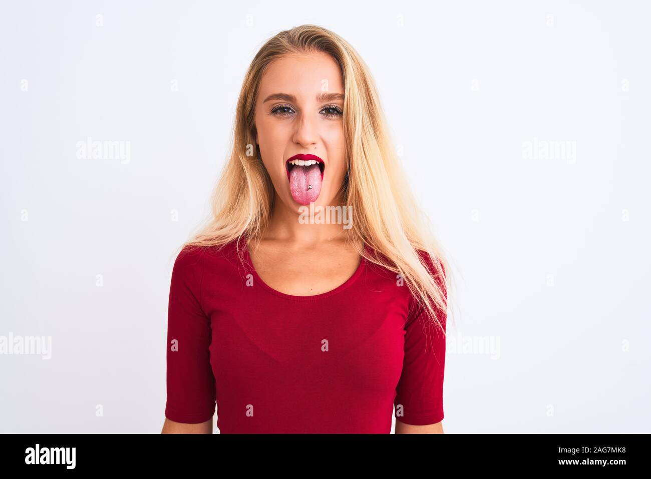 Young Beautiful Woman Wearing Red T Shirt Standing Over Isolated White Background Sticking
