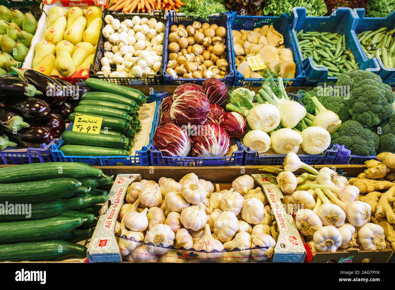 Fruit and vegetable market. Lots of different fresh fruits and ...
