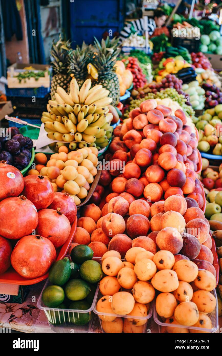 Fruit market. Lots of different fresh fruits Stock Photo - Alamy