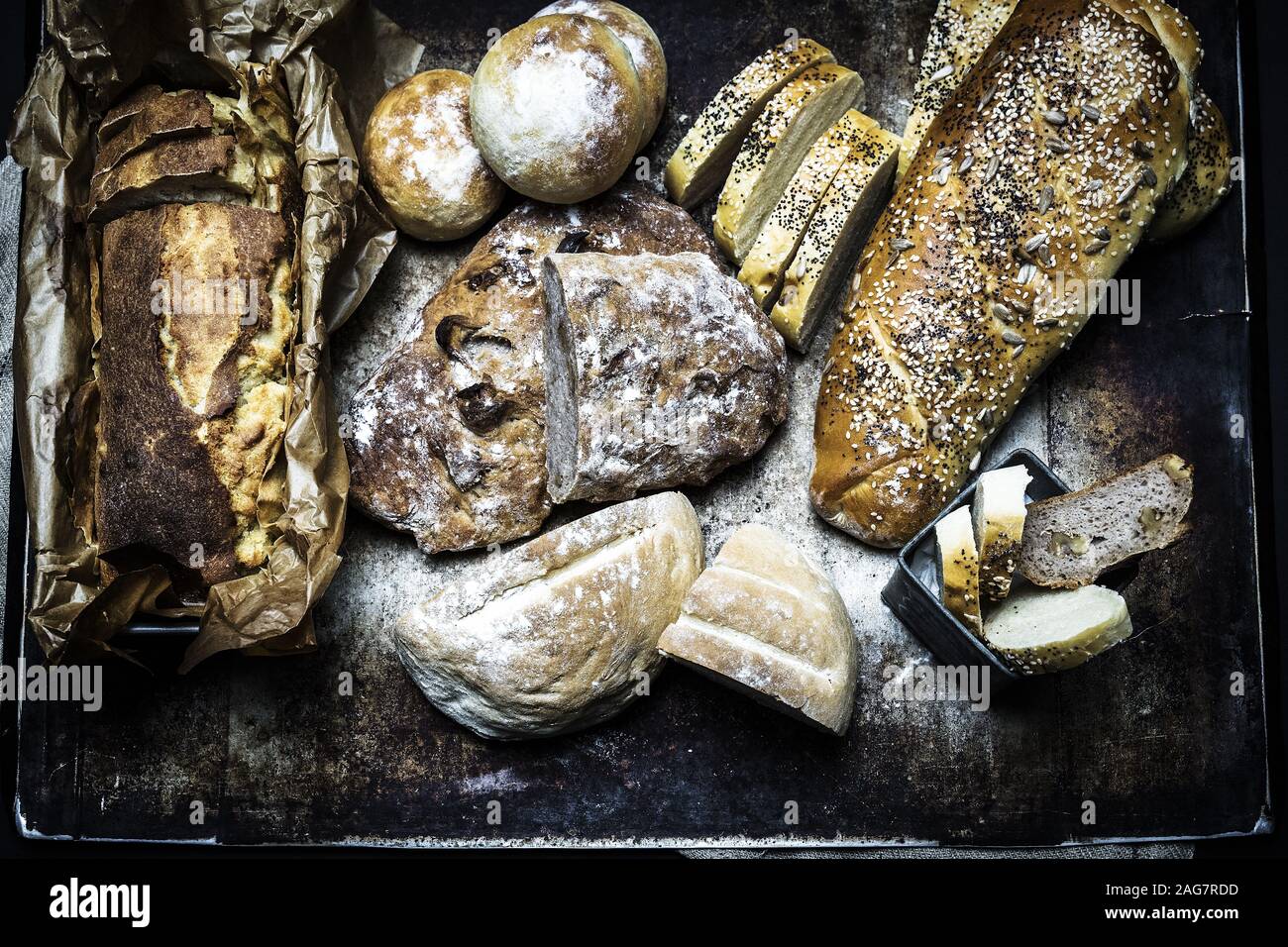High angle shot of different types of bread in a bakery - perfect for a ...