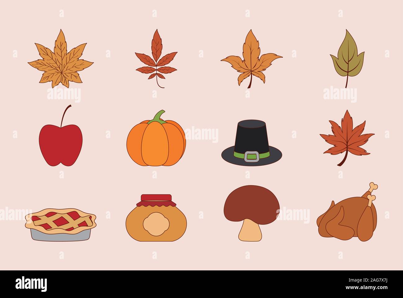 Happy thanksgiving day icon set design, Autumn season holiday greeting ...
