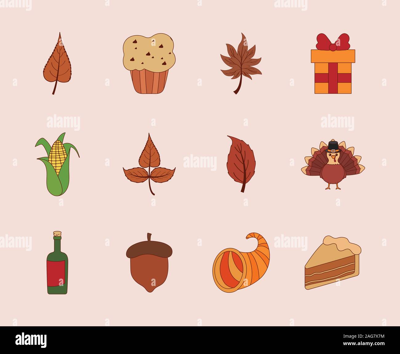 Happy thanksgiving day icon set design, Autumn season holiday greeting ...