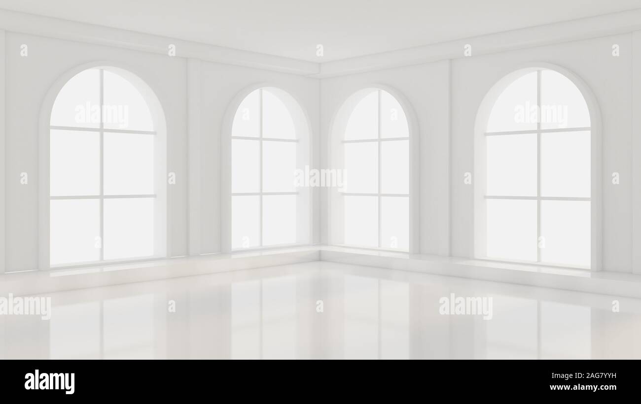 White empty interior, white room with windows, background. 3d rendering ...