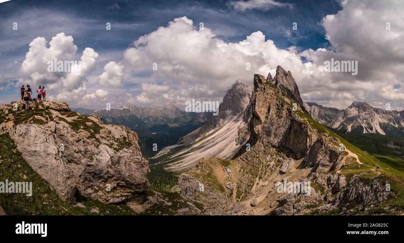 Panoramic view of the steep, rough cliffs and summits of the montain ...