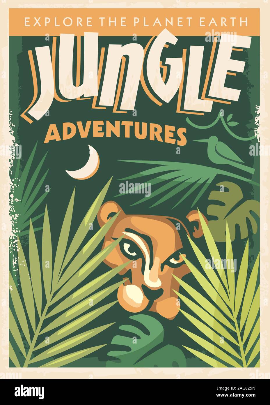 Jungle adventures retro poster design with wild animal and jungle trees ...