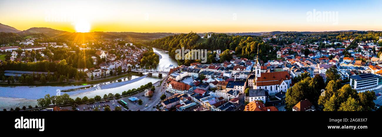 Aerial of old bavarian town Bad Toelz in Bavaria. ISar River is running ...