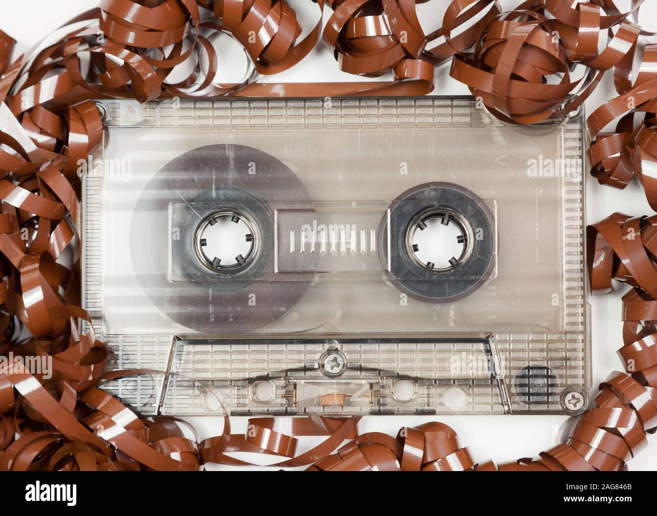 Vintage transparent Compact Cassette with pulled out tape audio ...