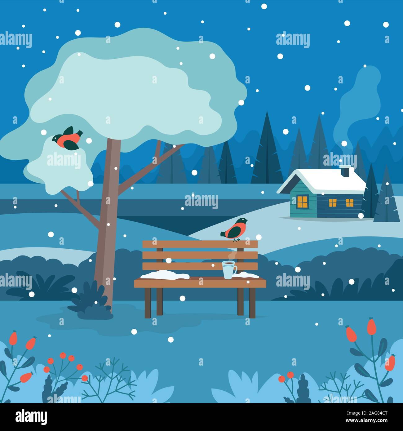 Winter landscape with bench at night. Cute vector illustration in flat ...