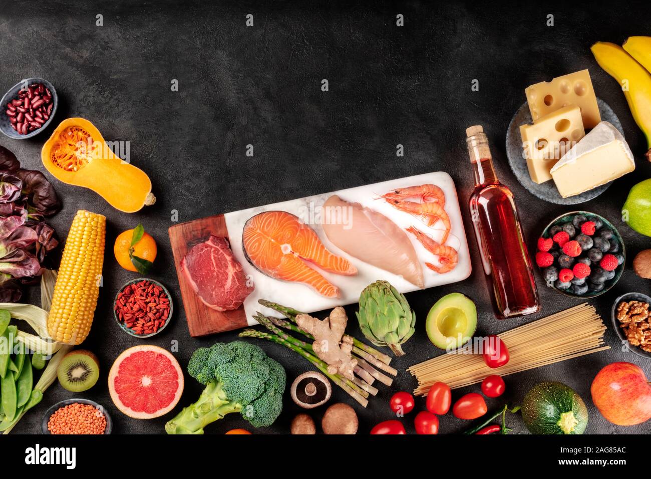 Food design template. A flat lay of various products, shot from the top ...