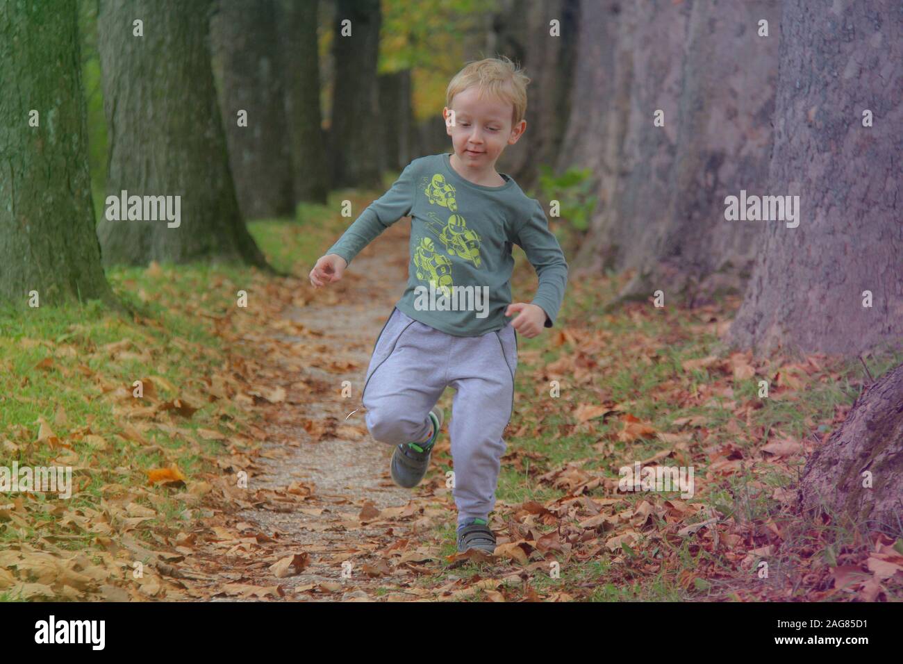 Cute kid, boy having fun at autumn street, jumping and running around ...