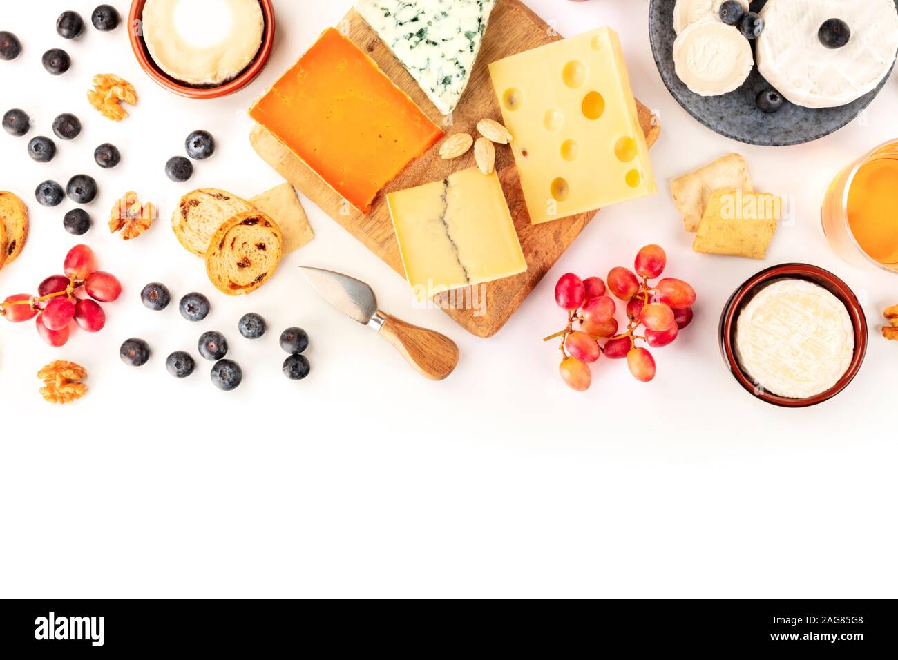 Cheese platter background with a place for text, a flat lay overhead ...