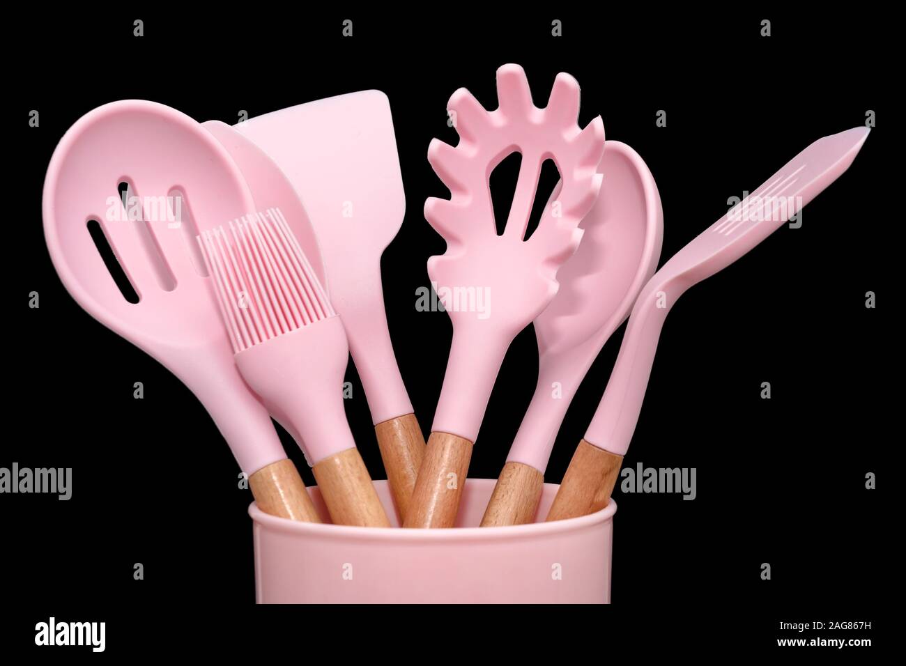Kitchen utensils background with copyspace, home kitchen decor concept, kitchen tools, rubber ...