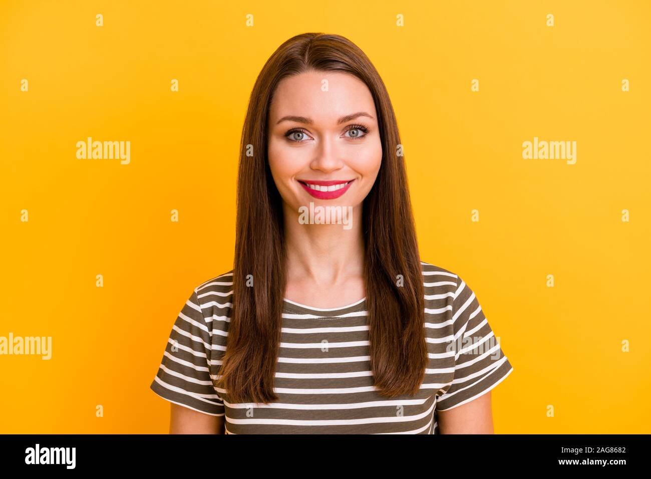 Close up photo of attractive youth lady stare in camera have summer ...