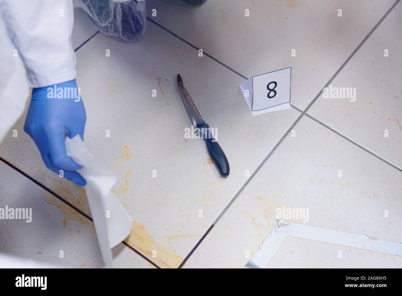 Forensic technicians taking DNA sample from blood stain with cotton ...