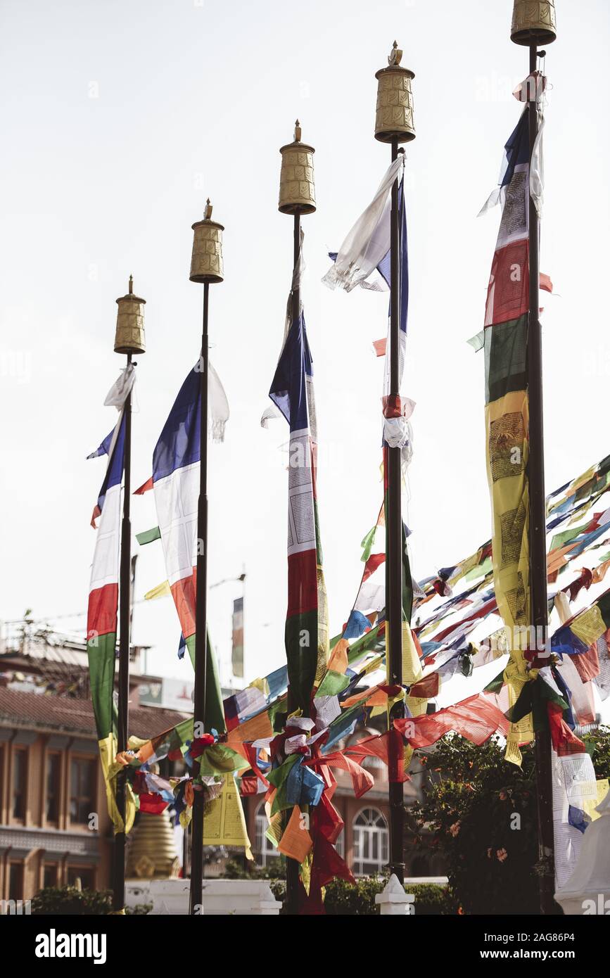 Vertical shot of cloth attached to poles at a temple in Nepal Stock ...