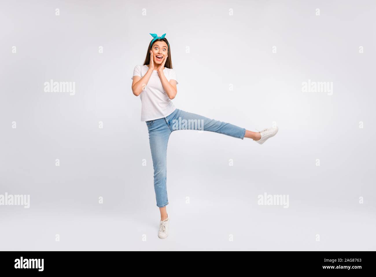 Full body photo of astonished girl feel crazy expressions hear ...