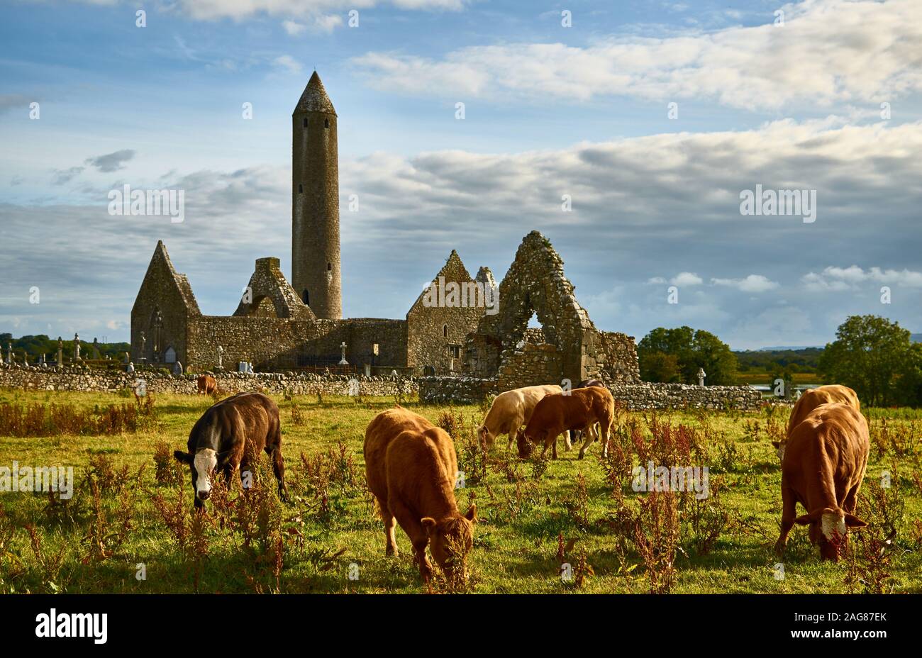 Irish celtic landscape concept. Medieval ruins of a temple and ...