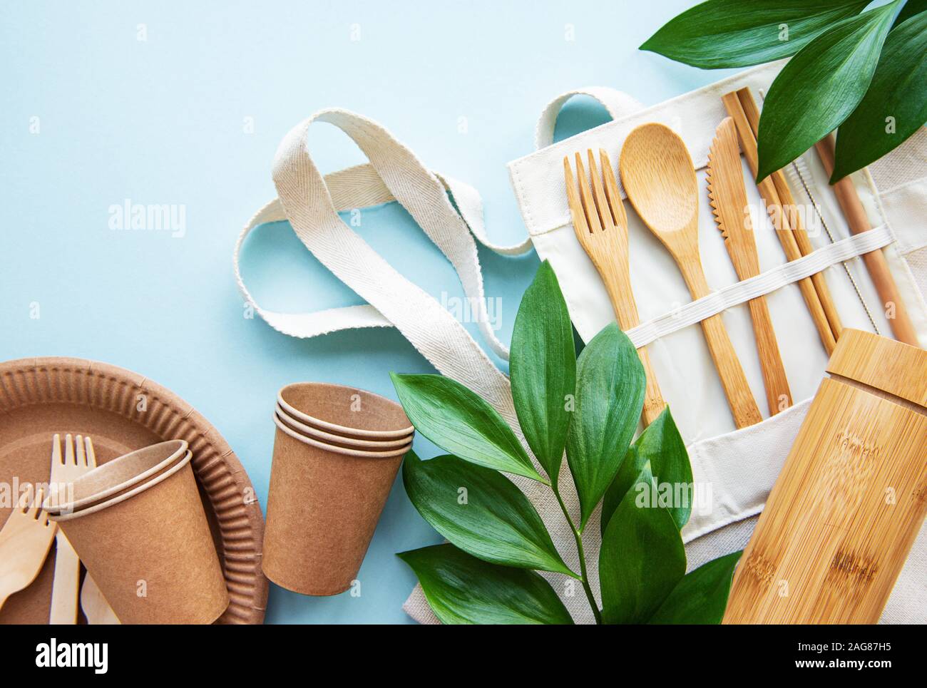 Cotton bag and recycled tableware top view. Zero waste, eco friendly ...