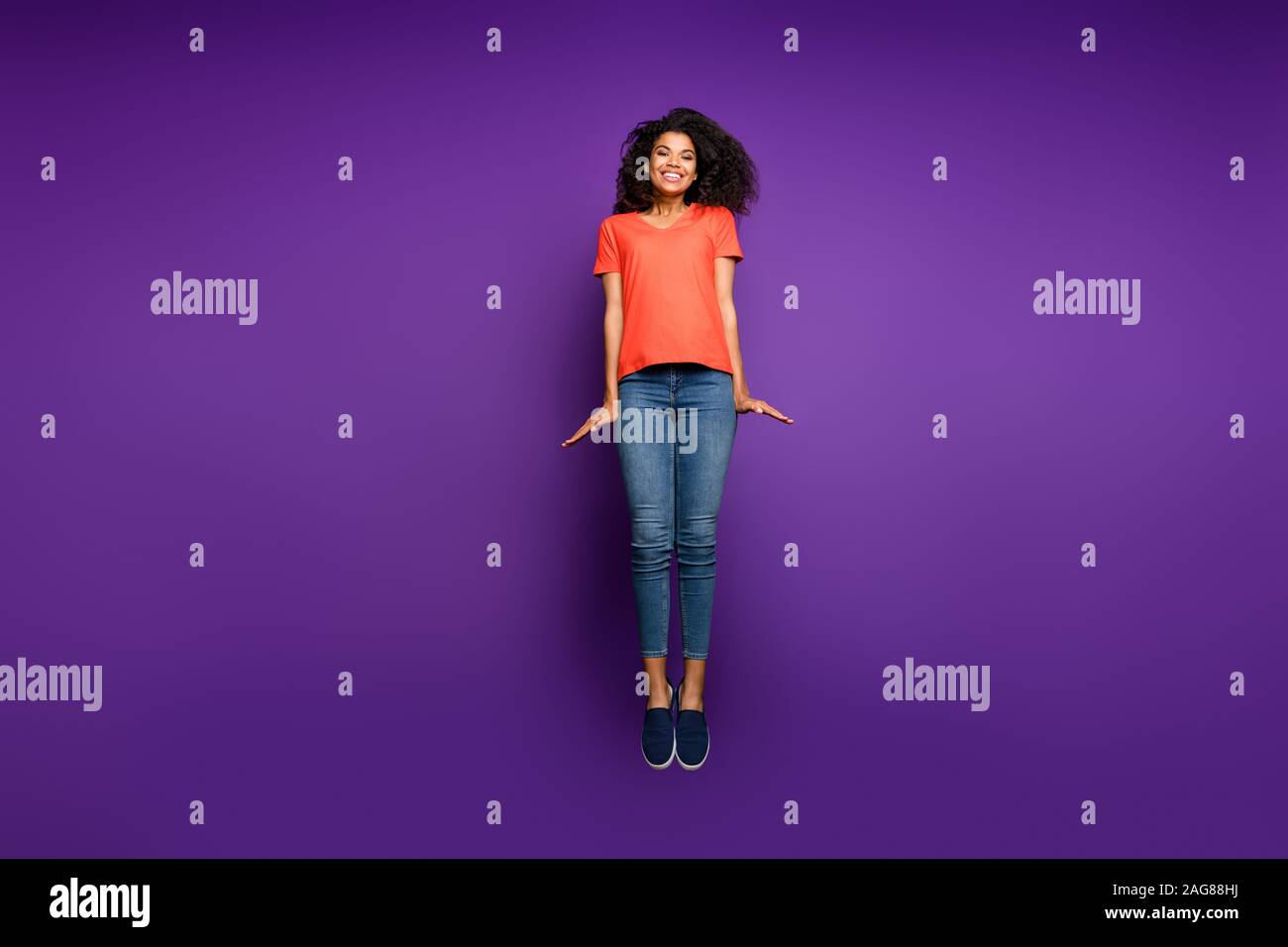 Full Length Body Size Photo Of Cheerful Positive Pretty Sweet Beautiful Girl Wearing Jeans Denim