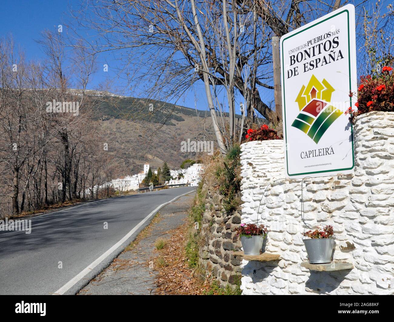 Welcome sign to Capileira in the Alpujarra region of Granada, voted one ...