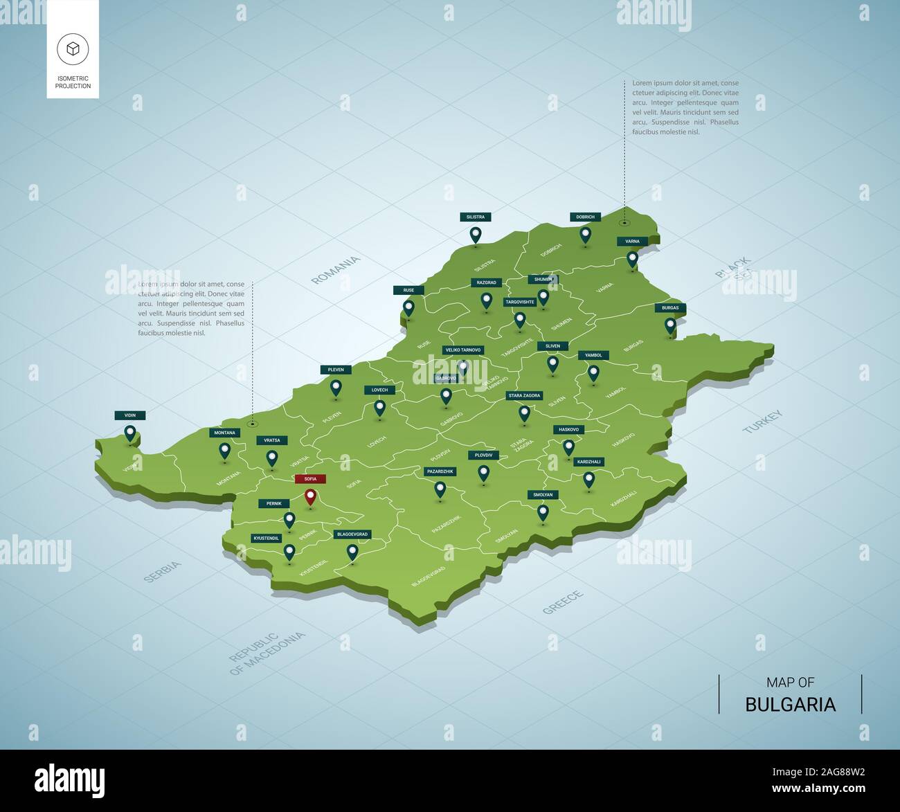 Stylized map of Bulgaria. Isometric 3D green map with cities, borders ...