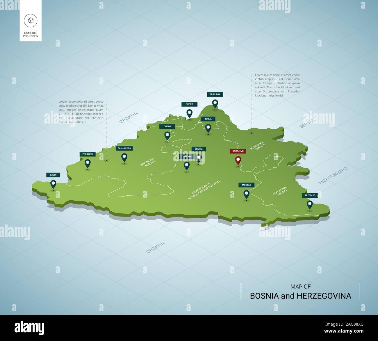 Stylized map of Bosnia and Herzegovina. Isometric 3D green map with ...