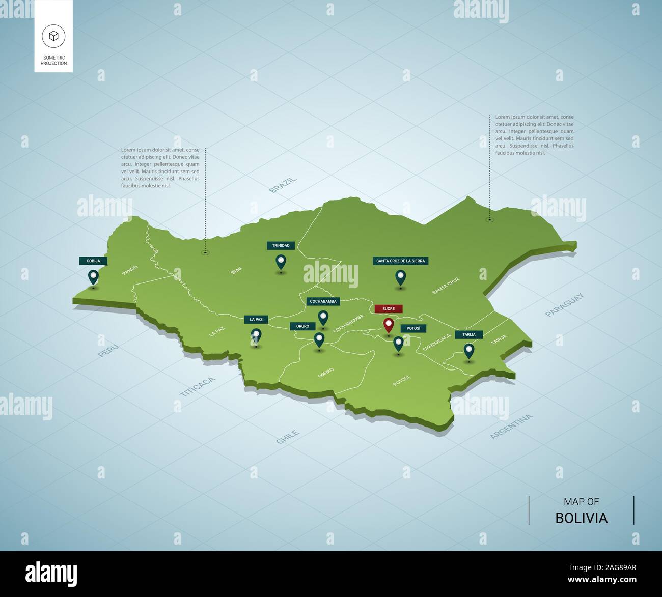 Stylized Map Of Bolivia Isometric 3d Green Map With Cities Borders