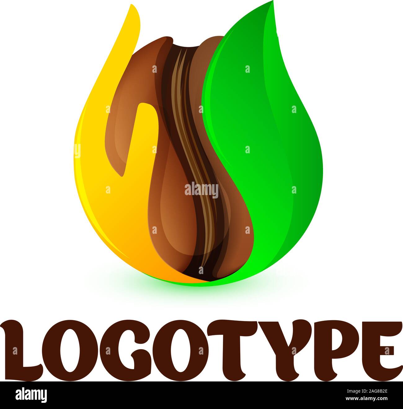 Vector logo. Brown coffee beans. Green leaf and yellow hand Stock ...