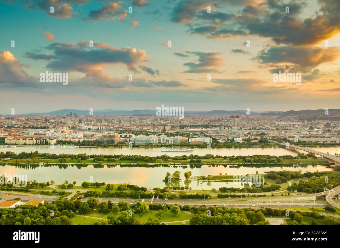 Aerial view at Vienna city and Donau river Stock Photo - Alamy