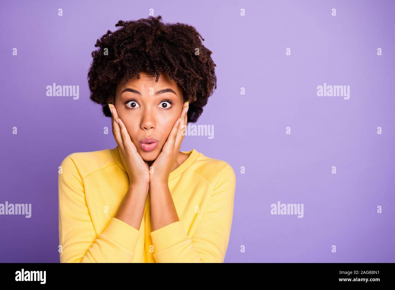 Photo of terrified stunned shocked girlfriend touching her cheekbones ...