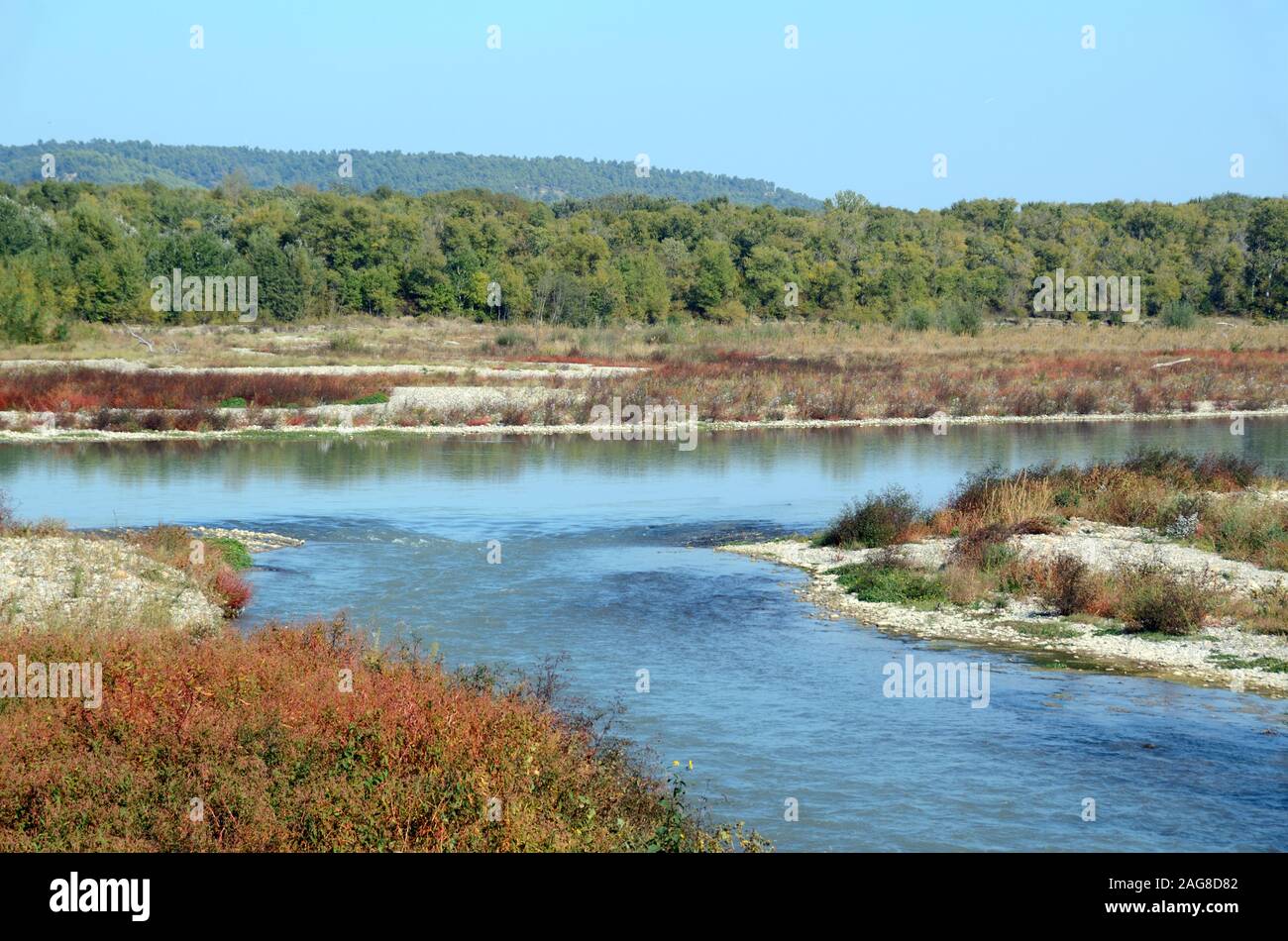 Durance River near Pertuis with Luberon Hills in the Background ...