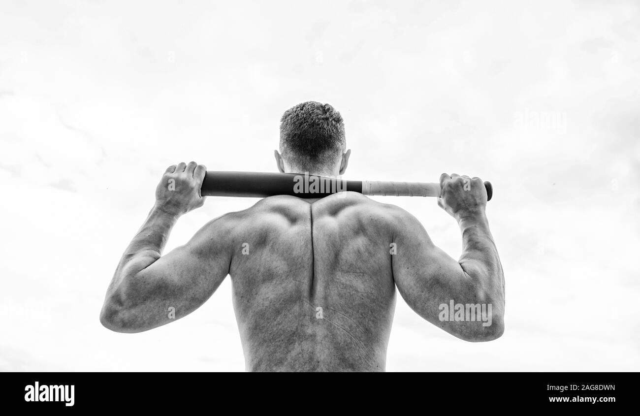 Attack and defence. Get ready attack. Man with baseball bat. Hooligan ...