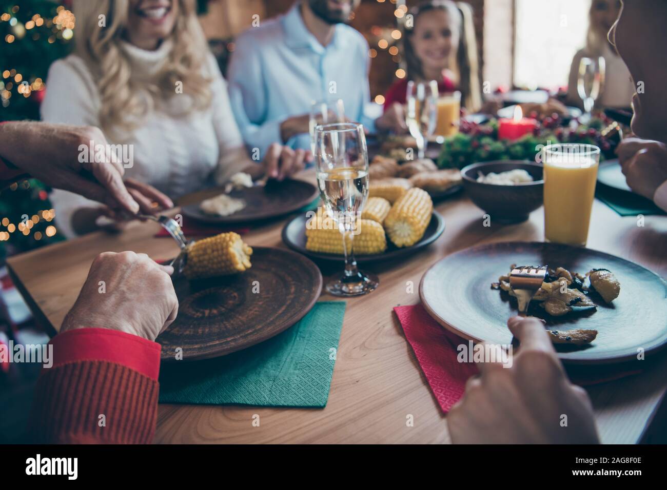 Close up photo of big large family ready to meet new year eating ...