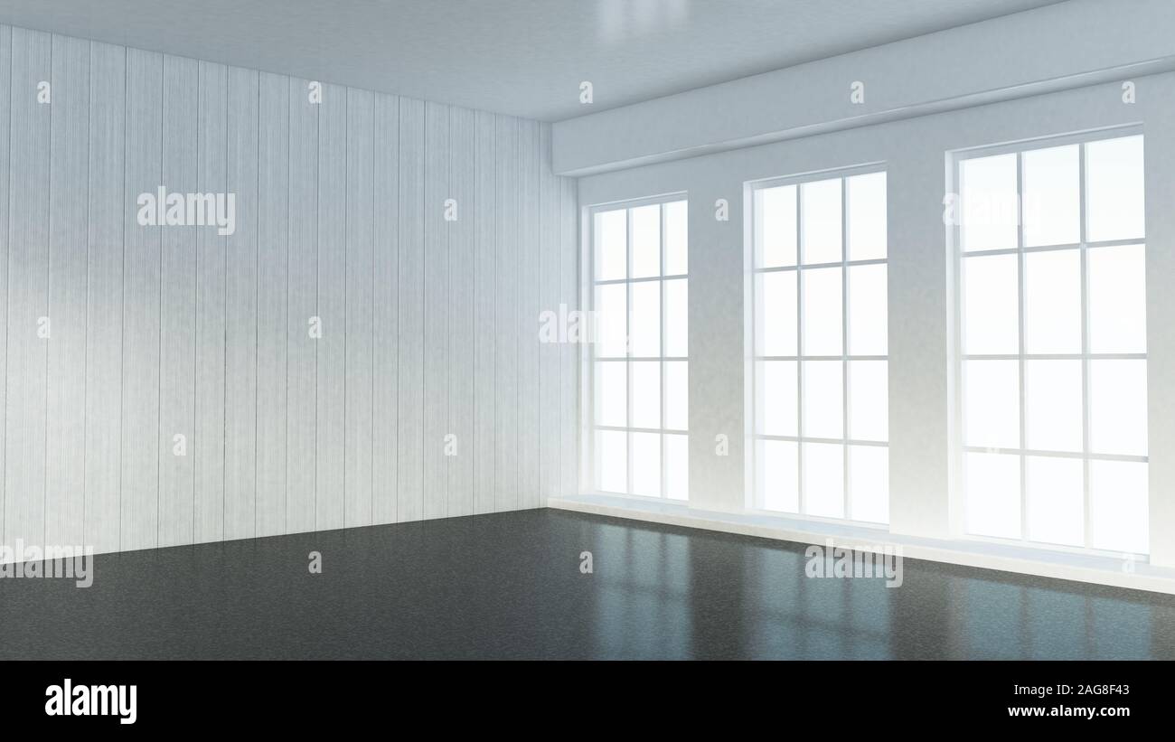 White empty interior, white room with windows, background. 3d rendering ...