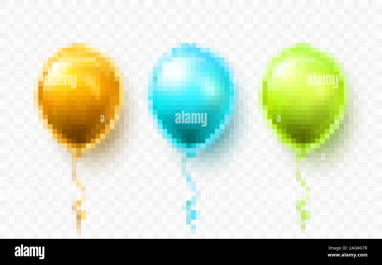Realistic blue, green and gold balloons with shadow. Shine helium ...