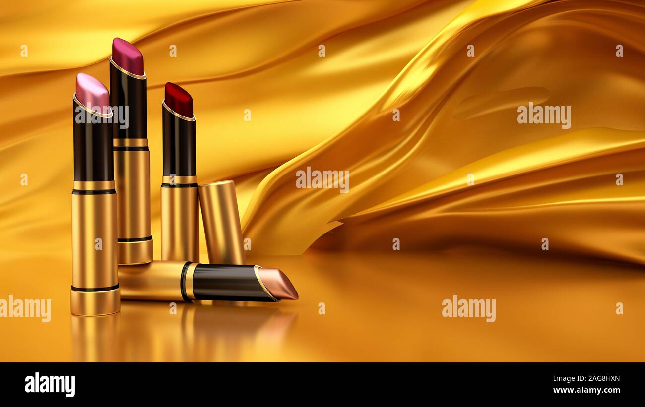 Lipstick on a background of flying gold cloth. The tube, bottle, style ...