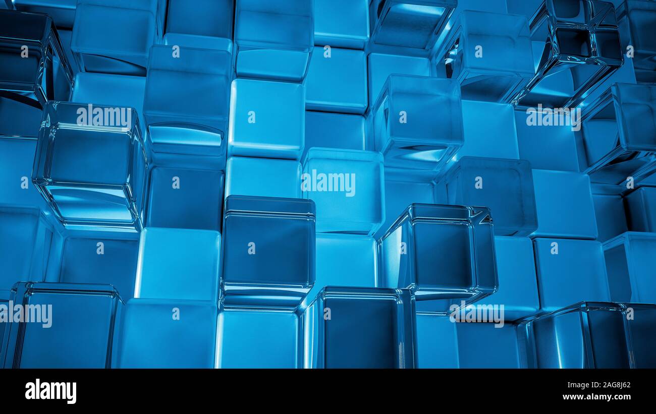 Azure background with cubes of glossy plastic and blue glasses, 3d ...