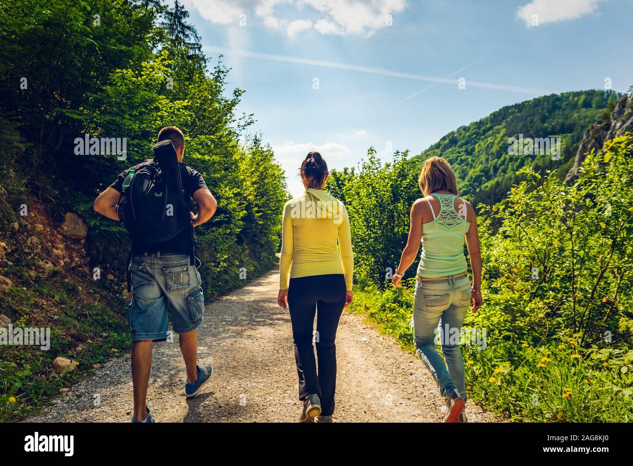 View from behind following young people walking through the forest on ...