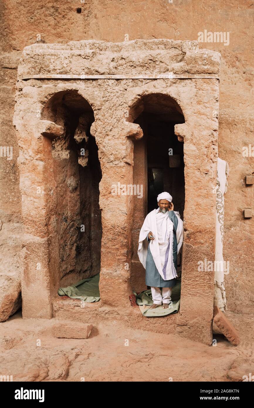 LALIBELA, ETHIOPIA, MAY 1st. 2019, Orthodox Christian Ethiopian monk ...