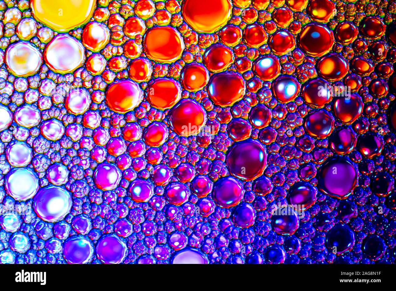 Top view on a colorful drops of oil on the water. Rainbow or spectrum ...