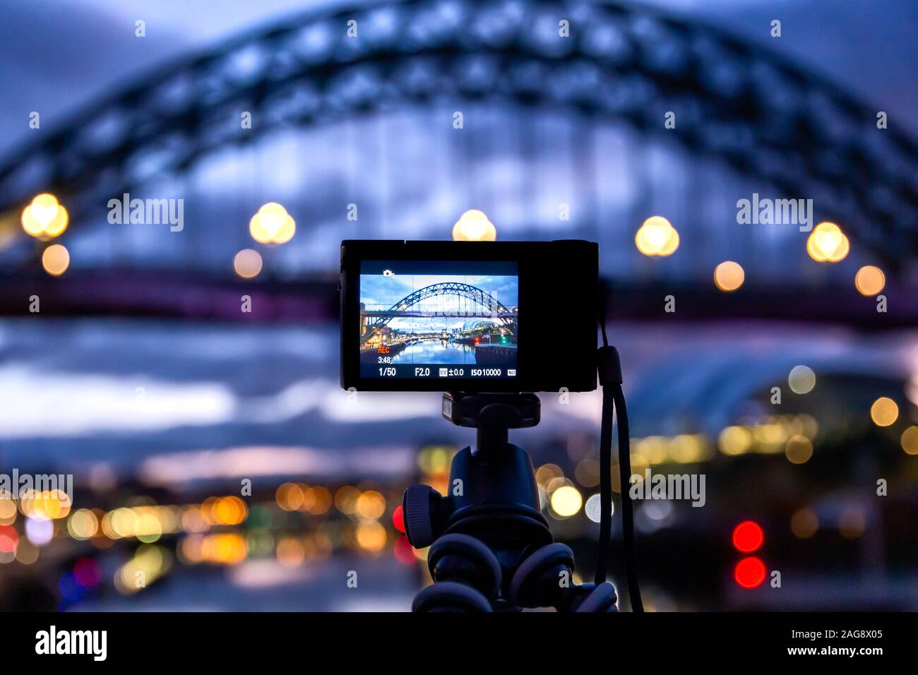Tyne Bridge, Newcastle at dawn captured on the back screen of a camera ...