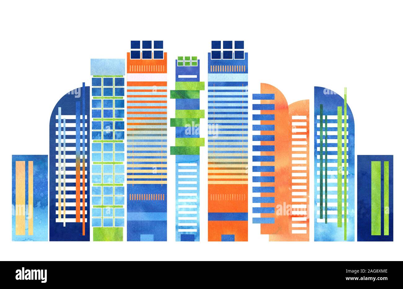 set of several colorful watercolor modern high-rise buildings isolated ...