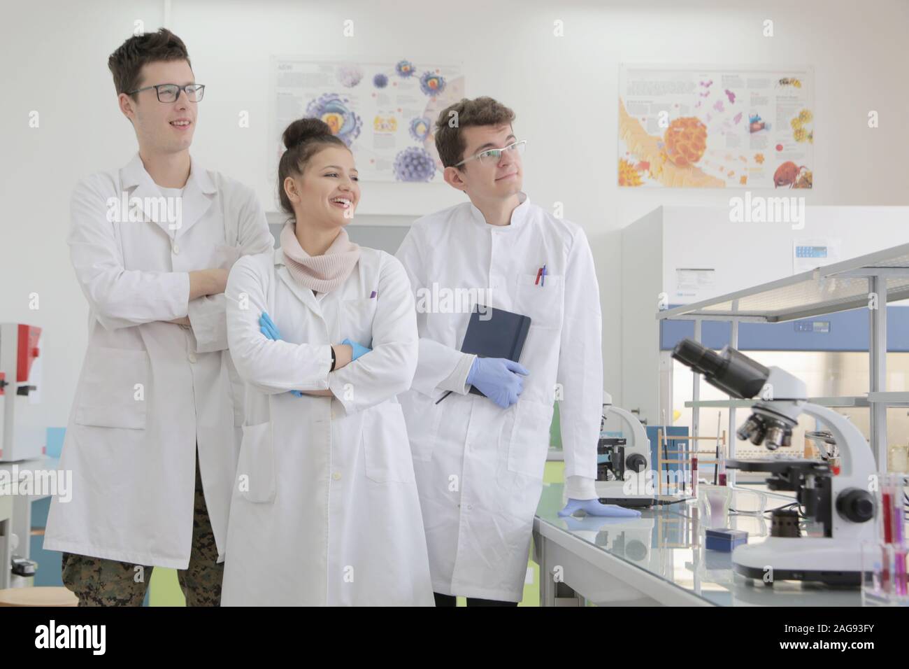 Group of young Laboratory scientists working at lab with test tubes and ...